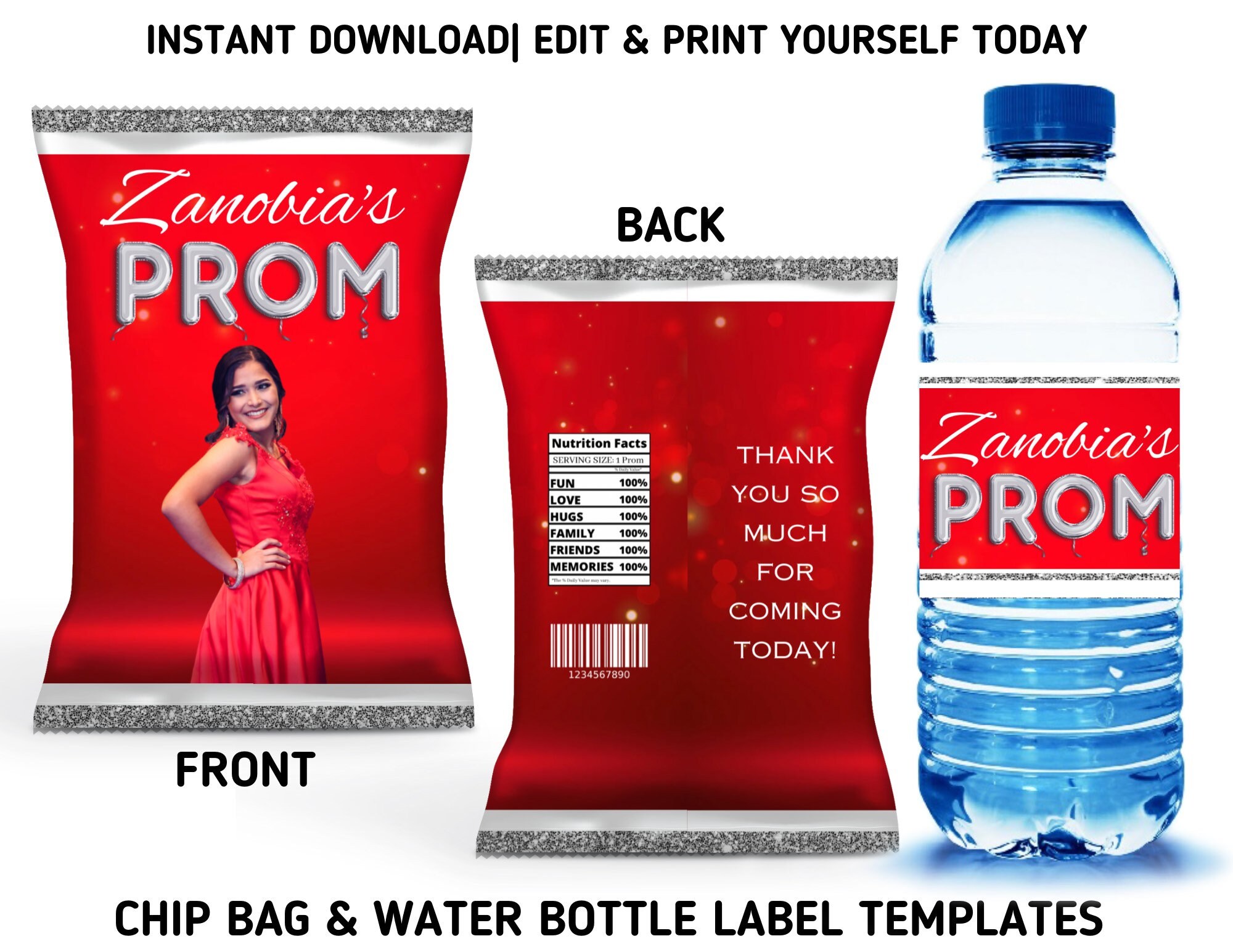 Red and Silver Prom Party Template Bundle, 2024 Prom Chip Bag & Water ...