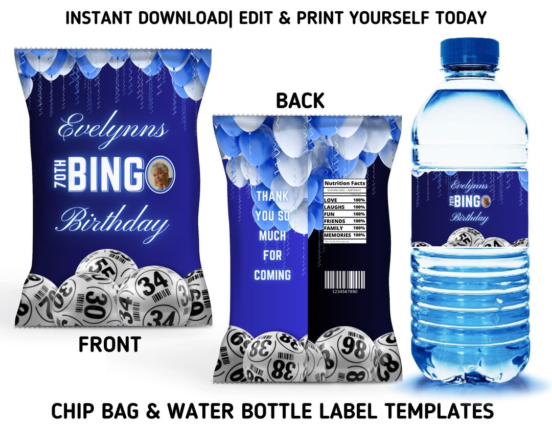 Blue Bingo Birthday Chip Bag & Water Bottle Label Templates - Etsy