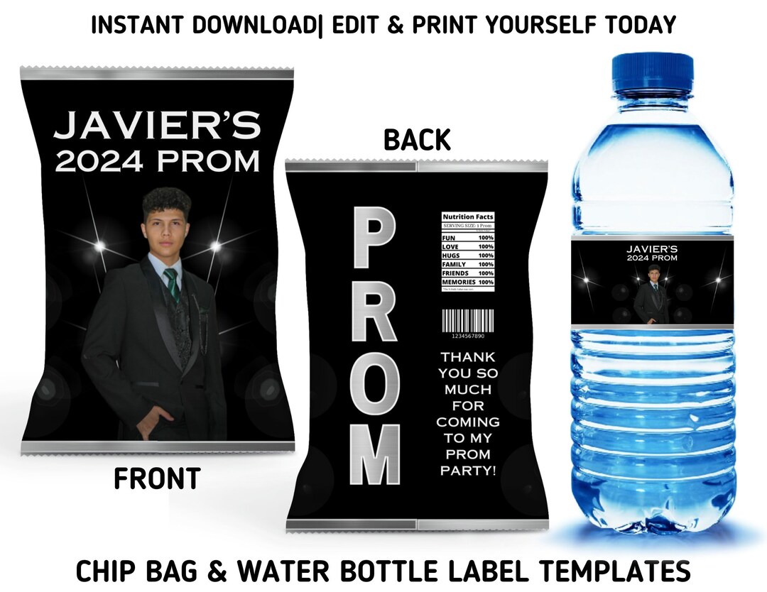 Black Prom Party Template Bundle, 2024 Prom Chip Bag & Water Bottle ...