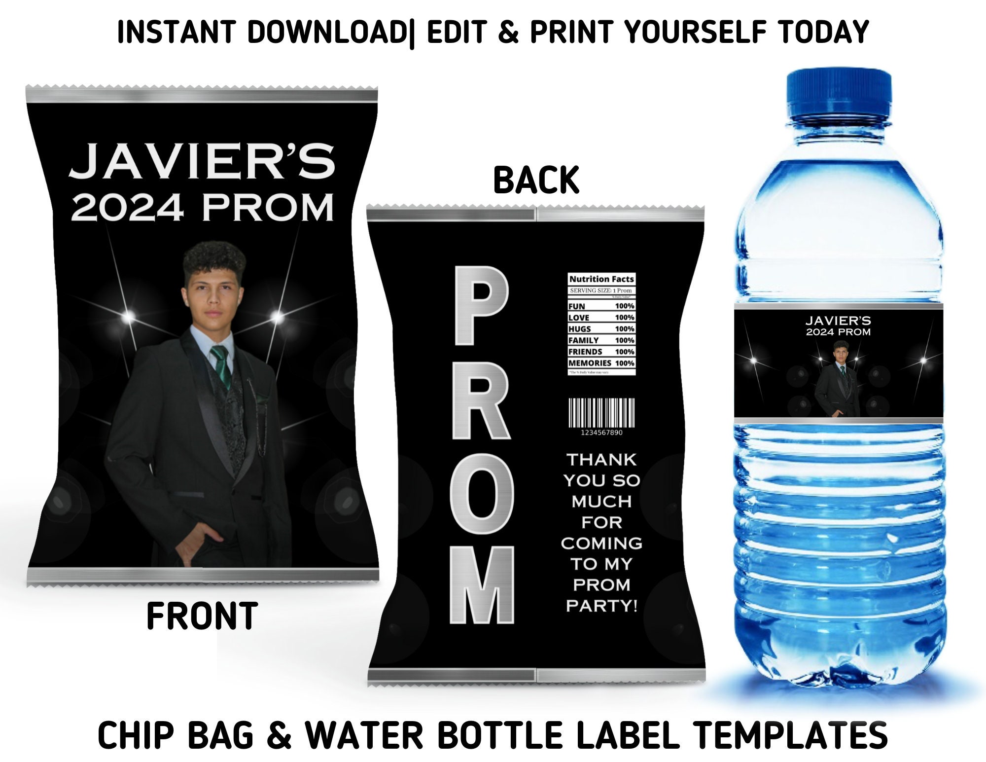 Black Prom Party Template Bundle, 2024 Prom Chip Bag & Water Bottle ...
