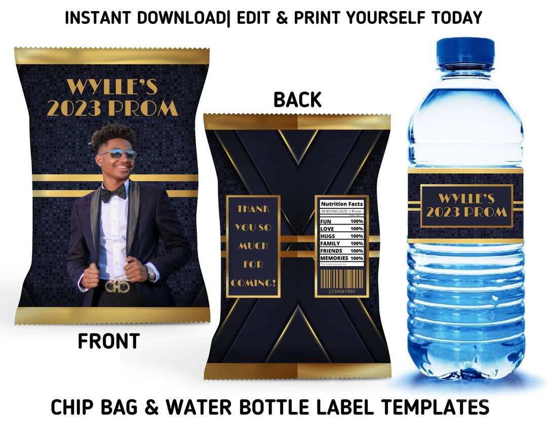 Blue and Gold Prom Chip Bag & Water Bottle Labels Templates, 2023 Prom ...