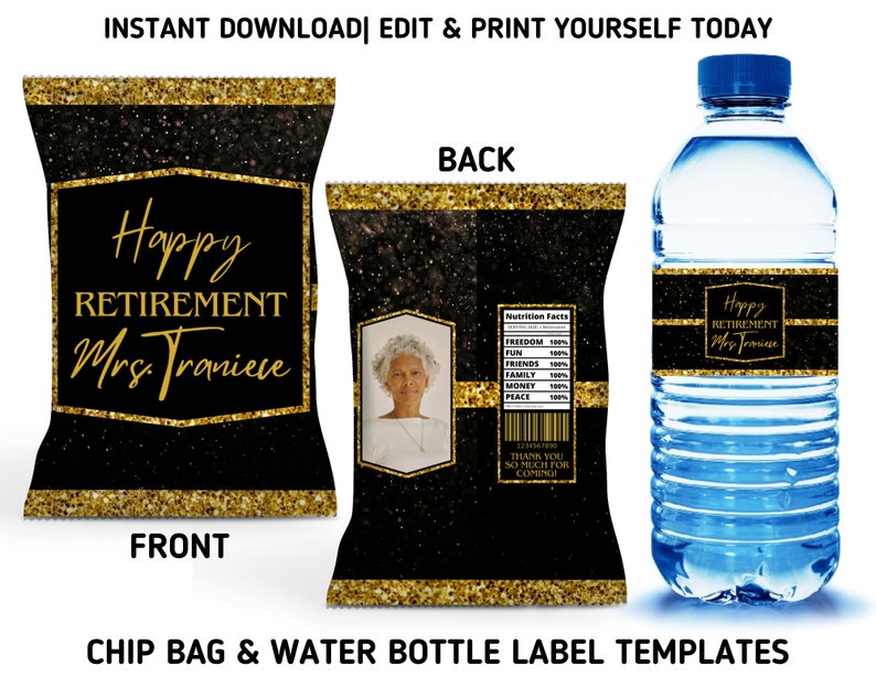 Gold Retirement Chip Bag & Water Bottle Label Templates, Printable Gold ...