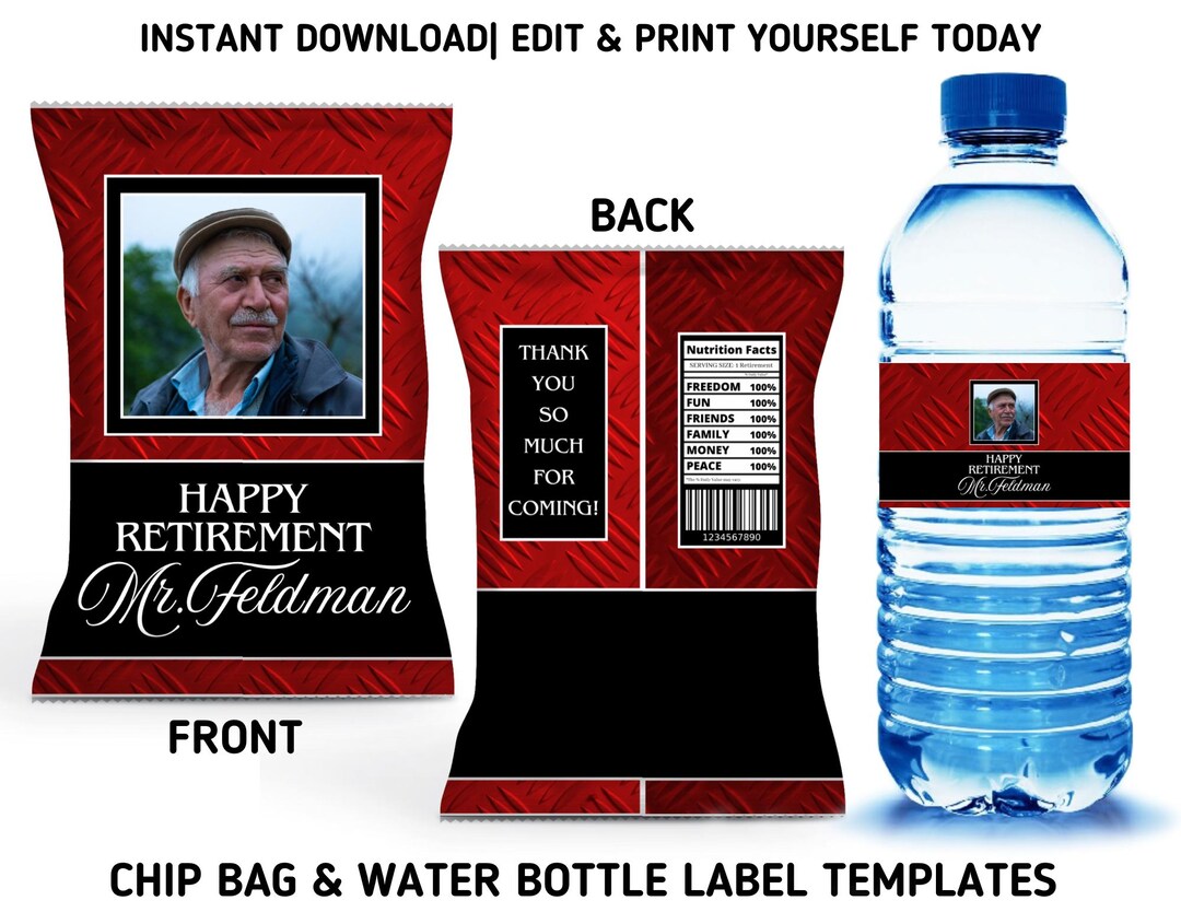 Red Retirement Chip Bag & Water Bottle Label Templates, Printable Red ...