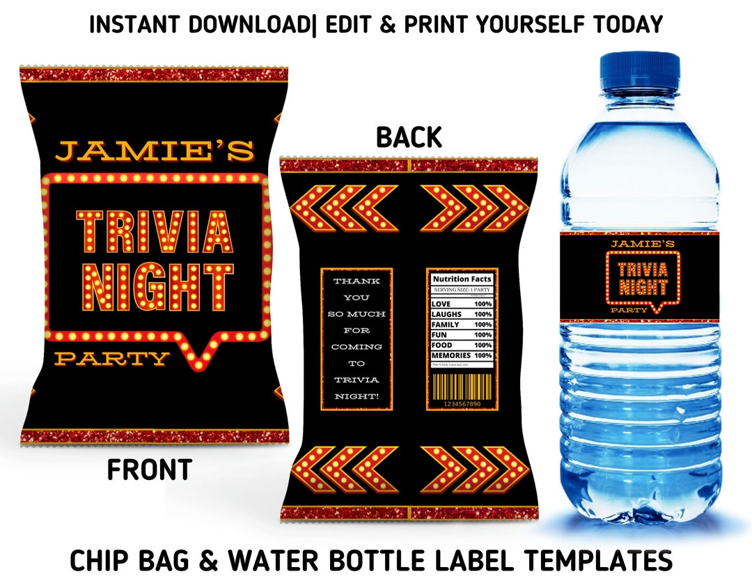 Trivia Night Chip Bag & Water Bottle Label Templates, Trivia Night ...