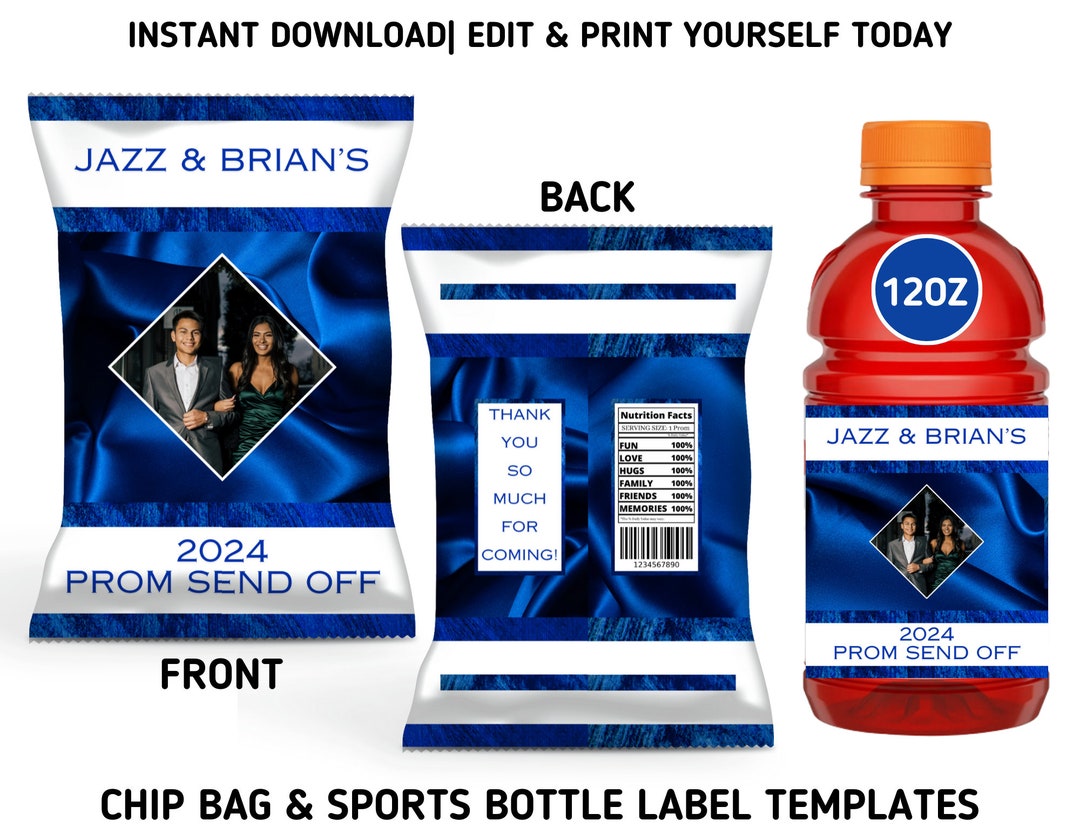 Blue Prom Send off Chip Bag & Sports Drink Label Template Bundle ...