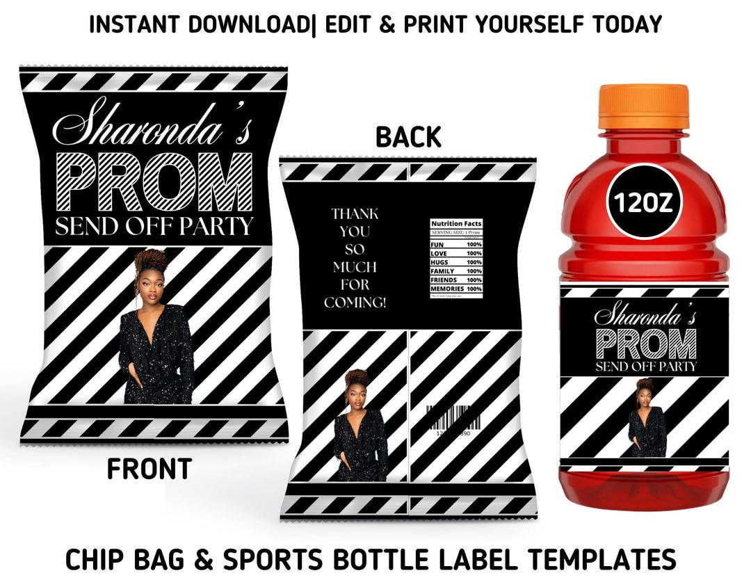 Black/white Prom Chip Bag & Sports Drink Label Template Bundle ...