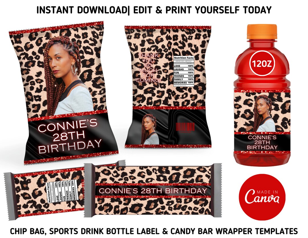 Leopard/red Birthday Chip Bag Bundle, Leopard Print Birthday Chip ...