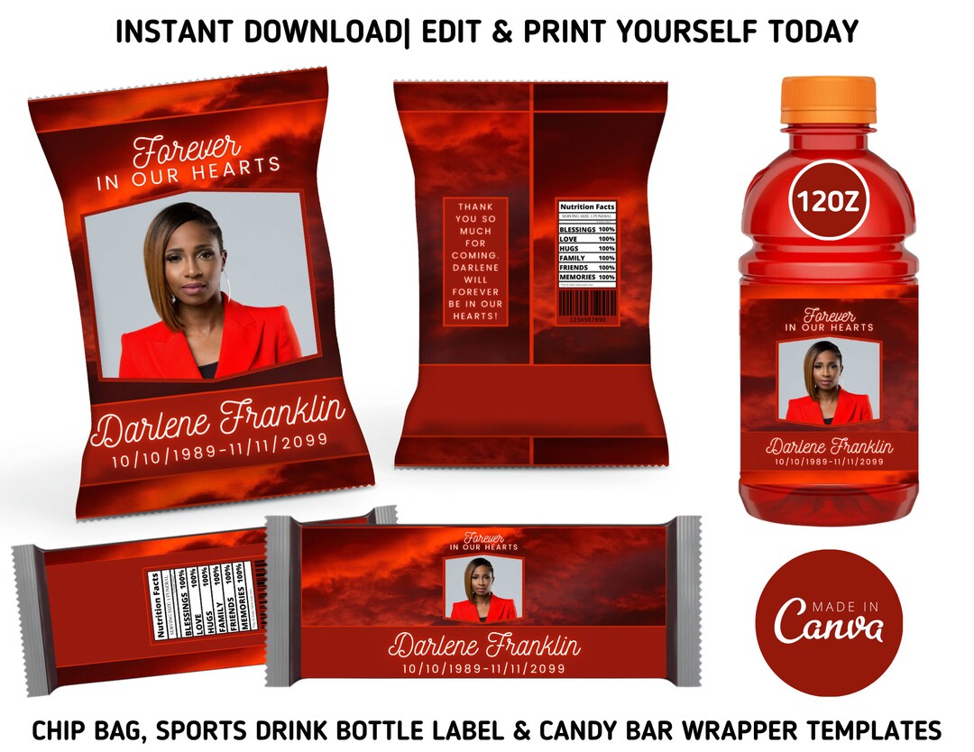Red Funeral Chip Bag Bundle, Funeral Chips, Sports Drink Bottle Labels ...