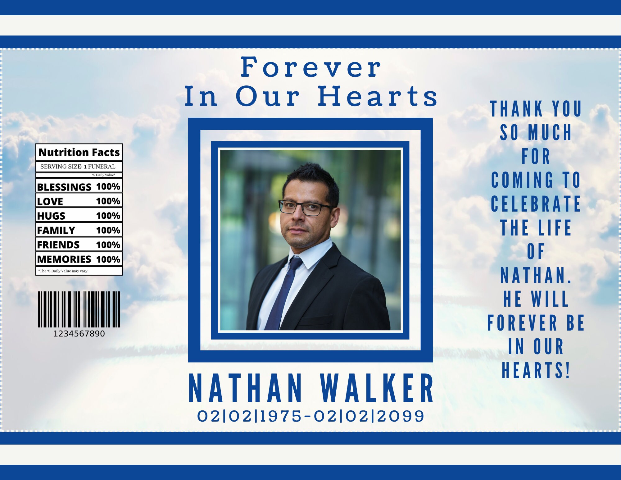 Blue Clouds Funeral Chip Bag, Water Bottle Labels & Candy Bar Wrapper ...