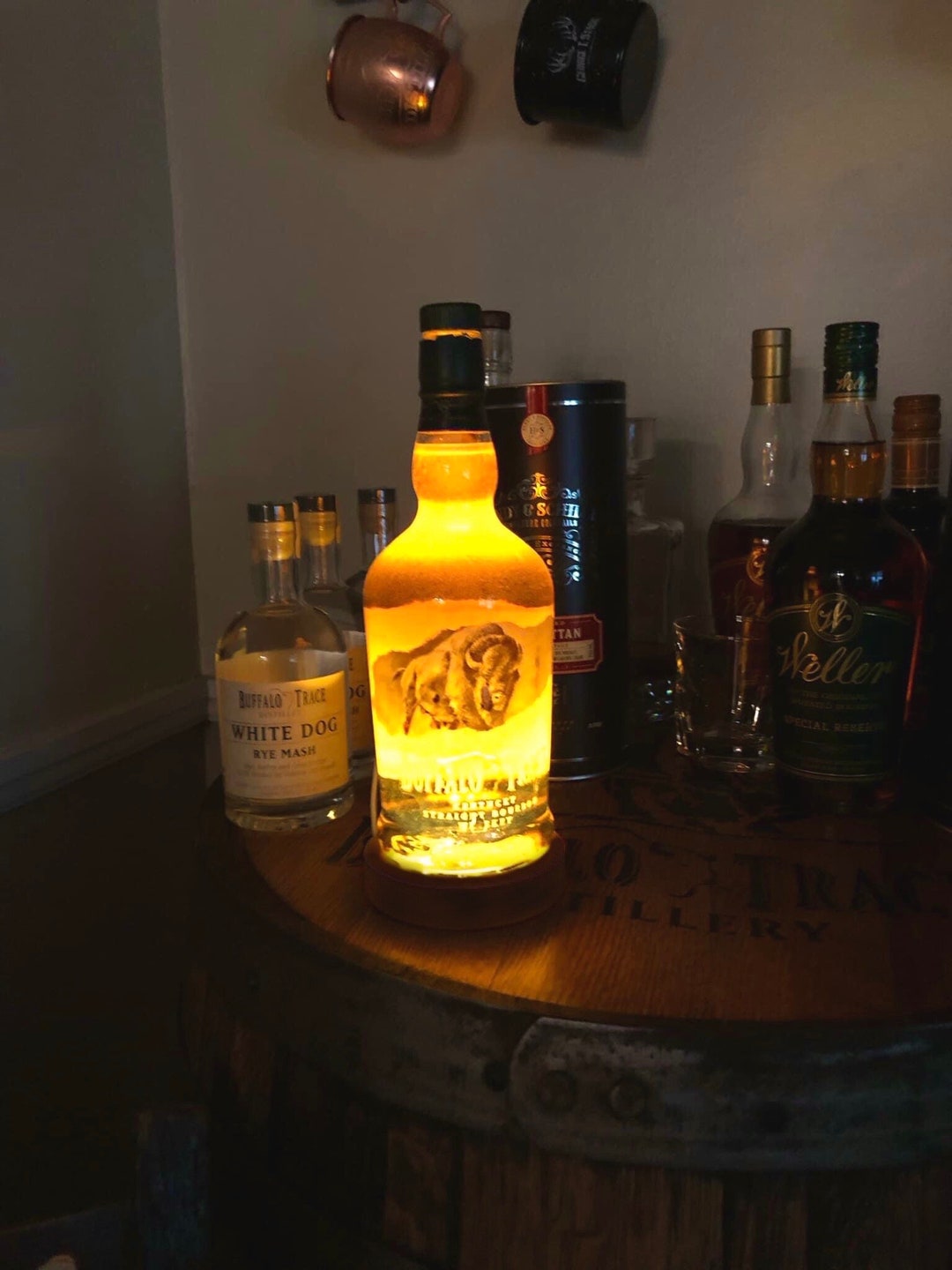 BUFFALO TRACE Lamp Handmade Liquid Bottle Lamp W/ Charred Wood Base ...