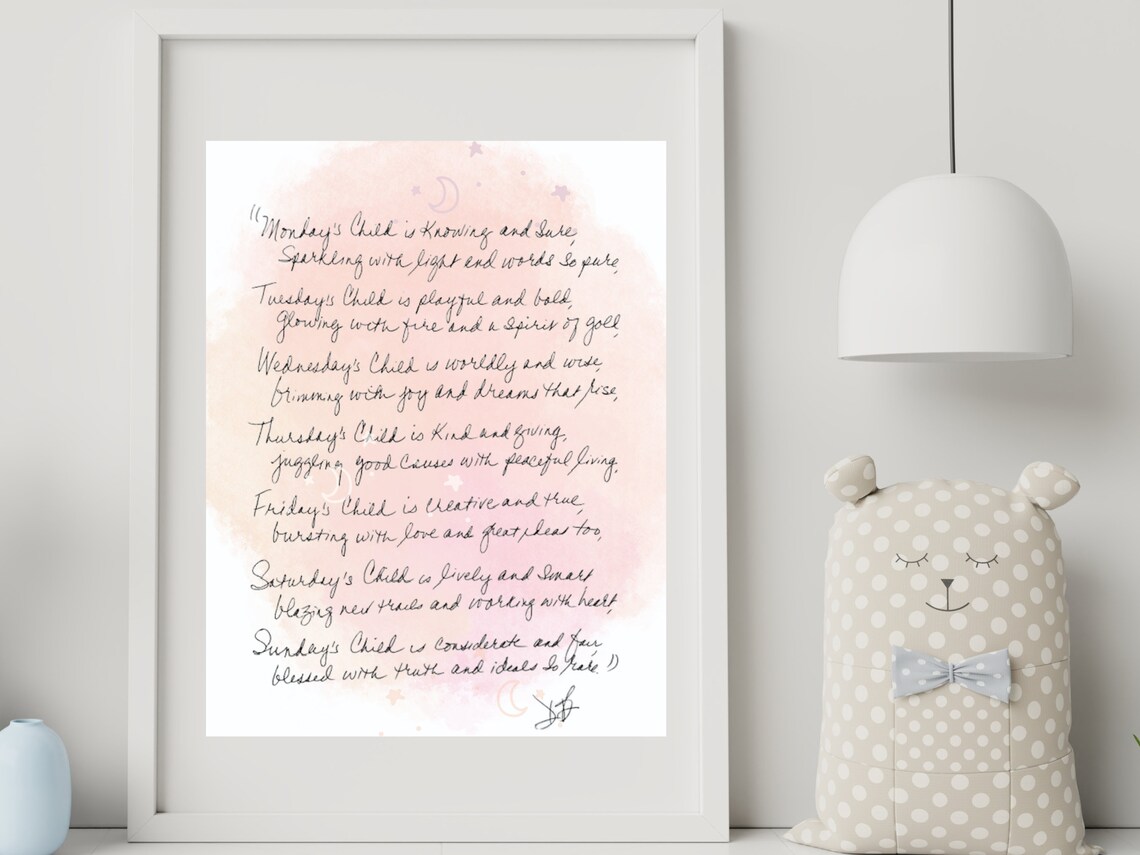 NURSERY RHYME Wall Art Printable, Handwritten by Author, Baby Astrology ...