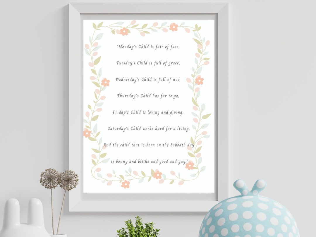 Original MONDAY’S CHILD Nursery Rhyme Printable, Nursery Wall Art, New ...
