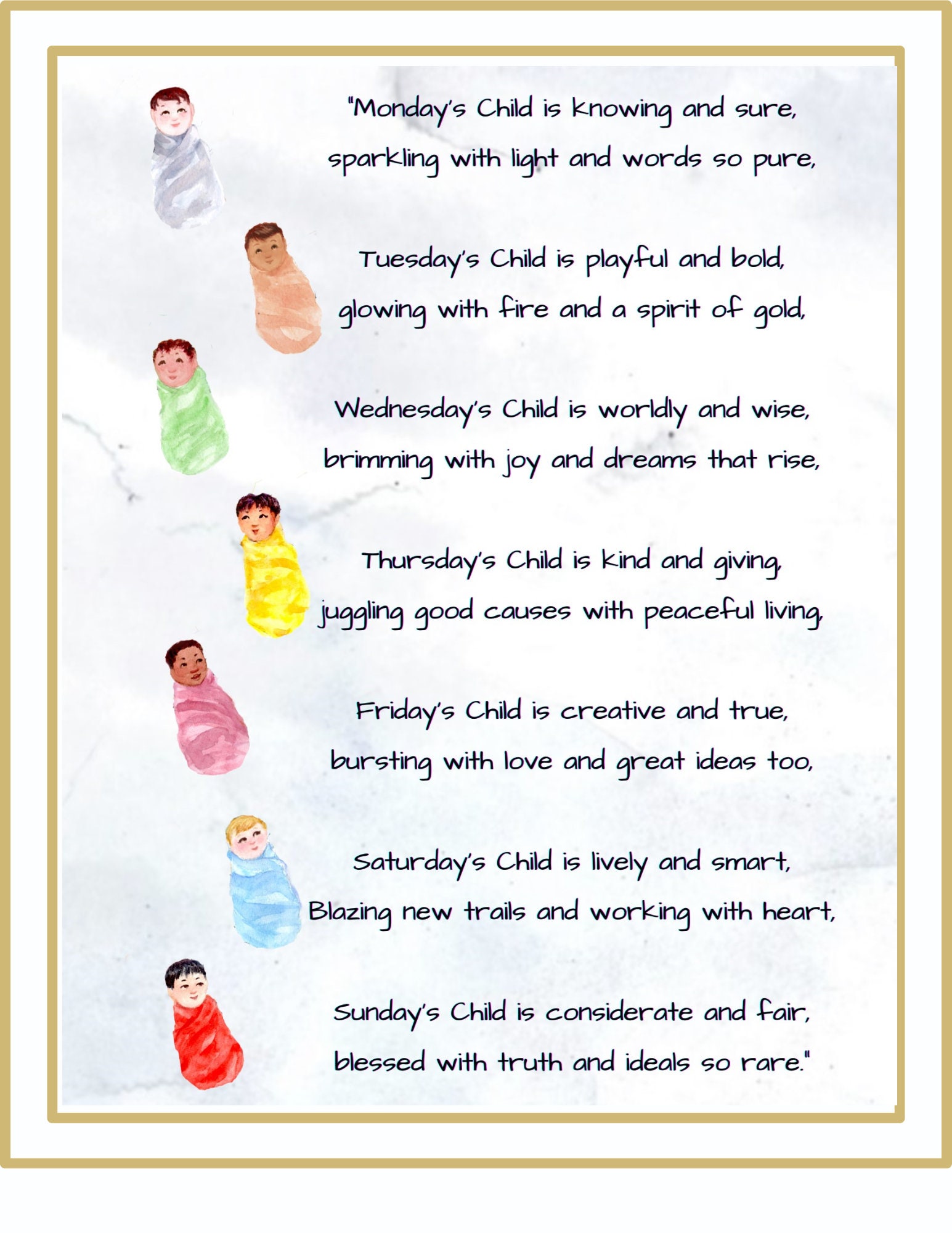 THE 7 DAYS New Nursery Rhyme Printable, Nursery Wall Art Watercolor ...