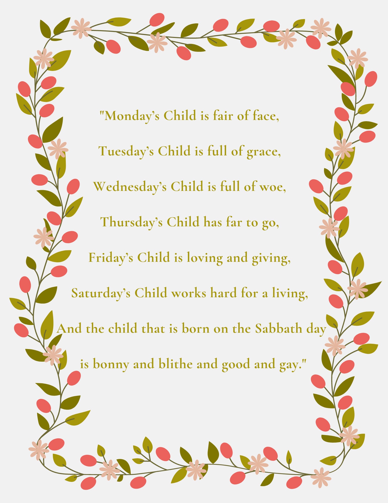 Original MONDAY’S CHILD Nursery Rhyme Printable, Nursery Wall Art, New ...