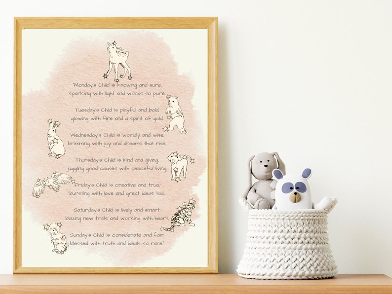 NURSERY RHYME Astrology Wall Art Printable, Day of the Week Poem With ...