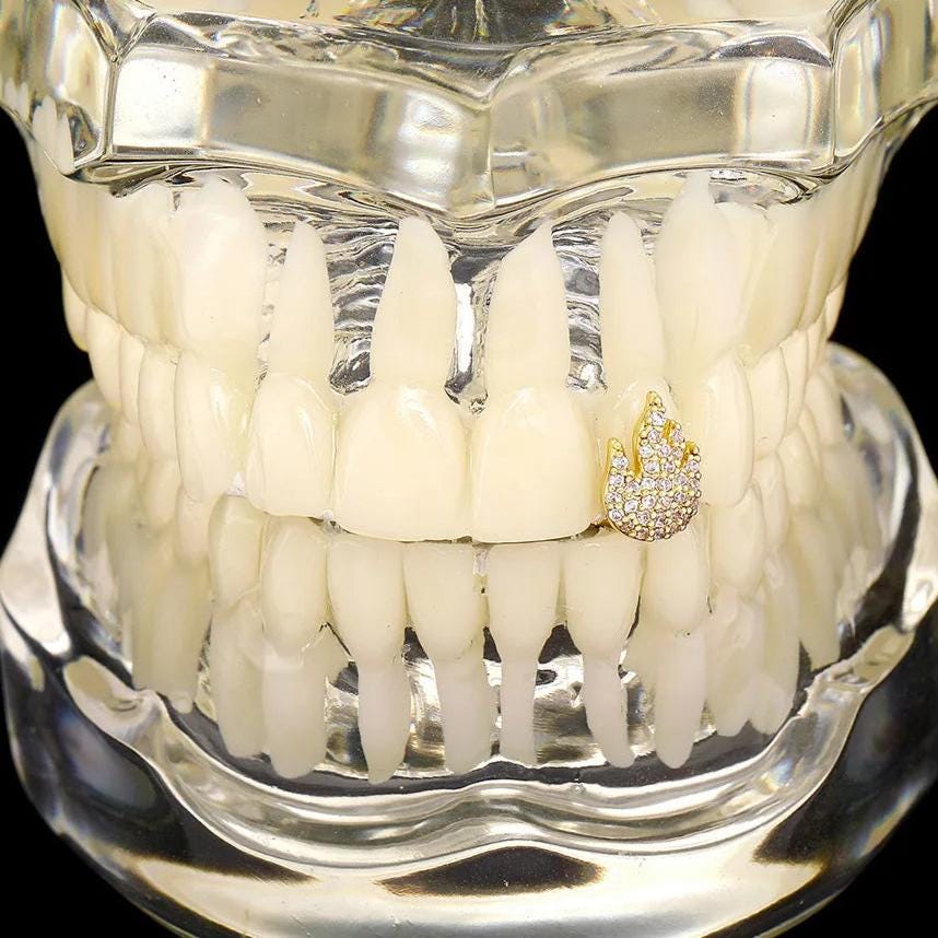 18K Gold Diamond Fire Emoji Grillz, Single Tooth Grillz, Tooth Cap ...