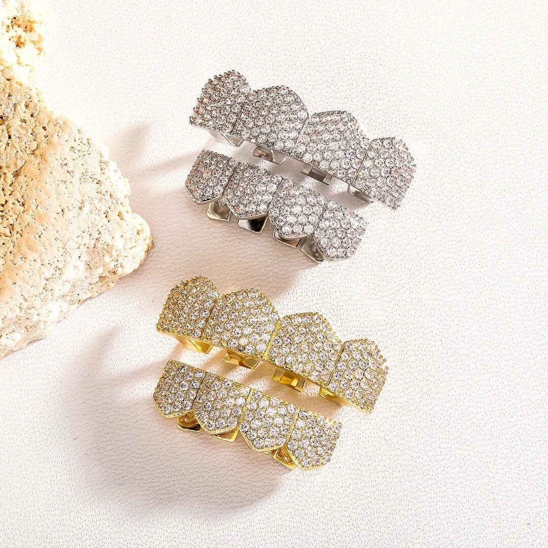 18k Gold Diamond Grillz 4 Teeth Set, Top Grillz, Bottom Grillz, One ...