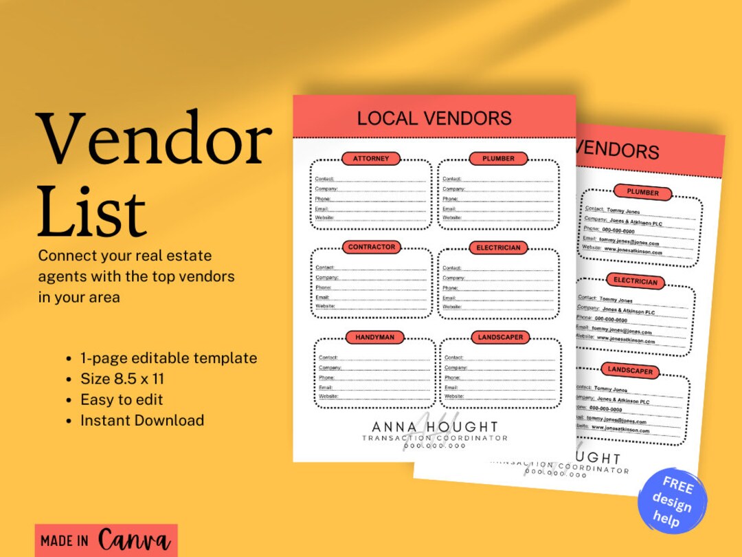 Transaction Coordinator Vendor List Template, Real Estate Transaction ...
