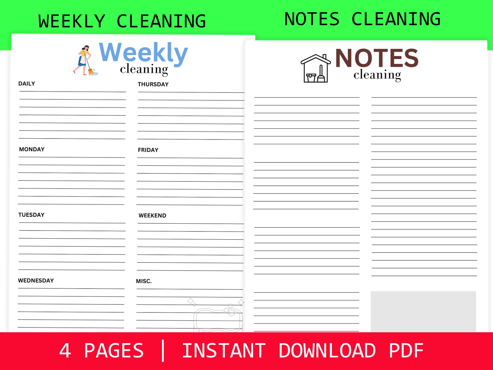 Printable Cleaning Schedule Template Weekly Cleaning Schedule - Etsy