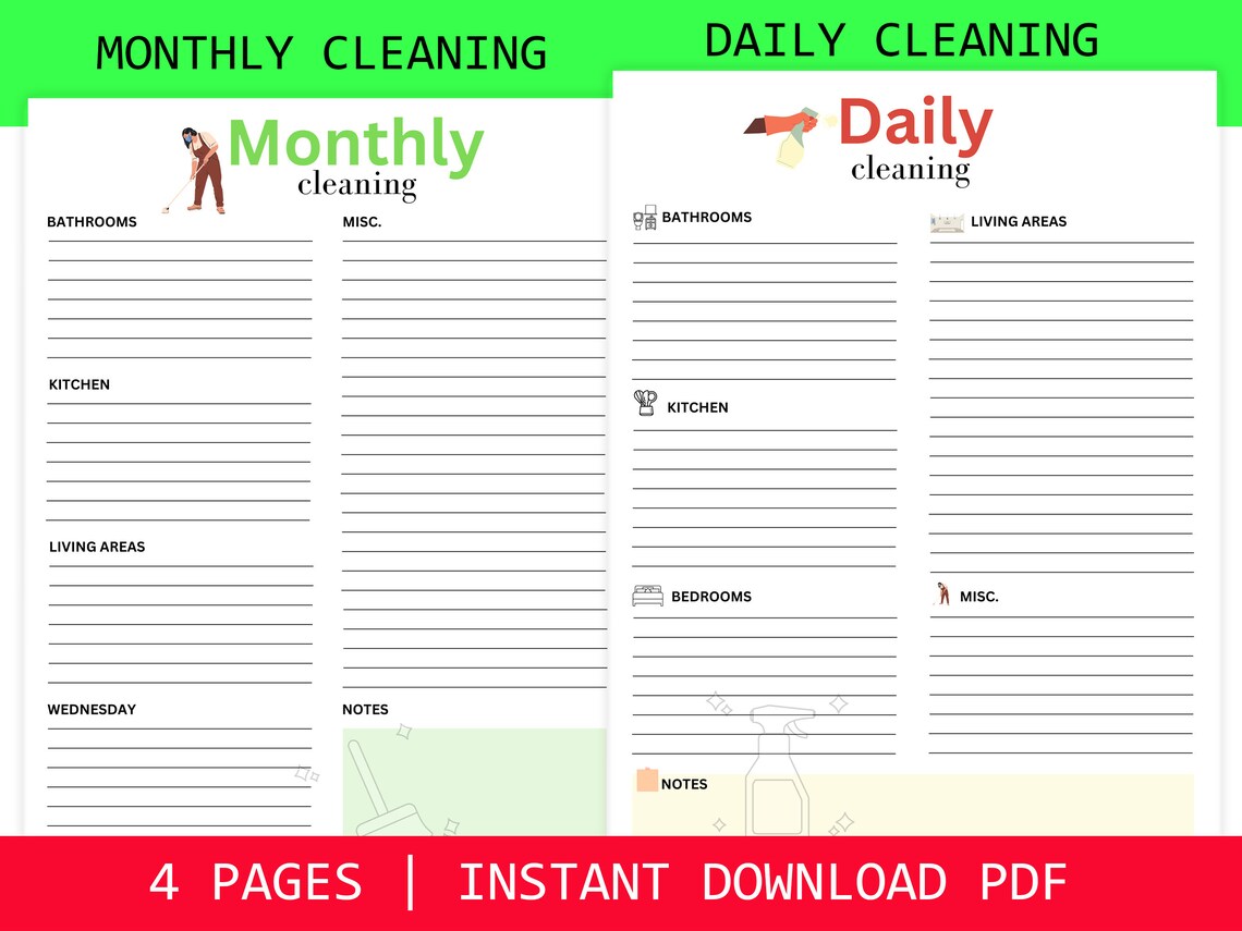 Printable Cleaning Schedule Template Weekly Cleaning Schedule - Etsy