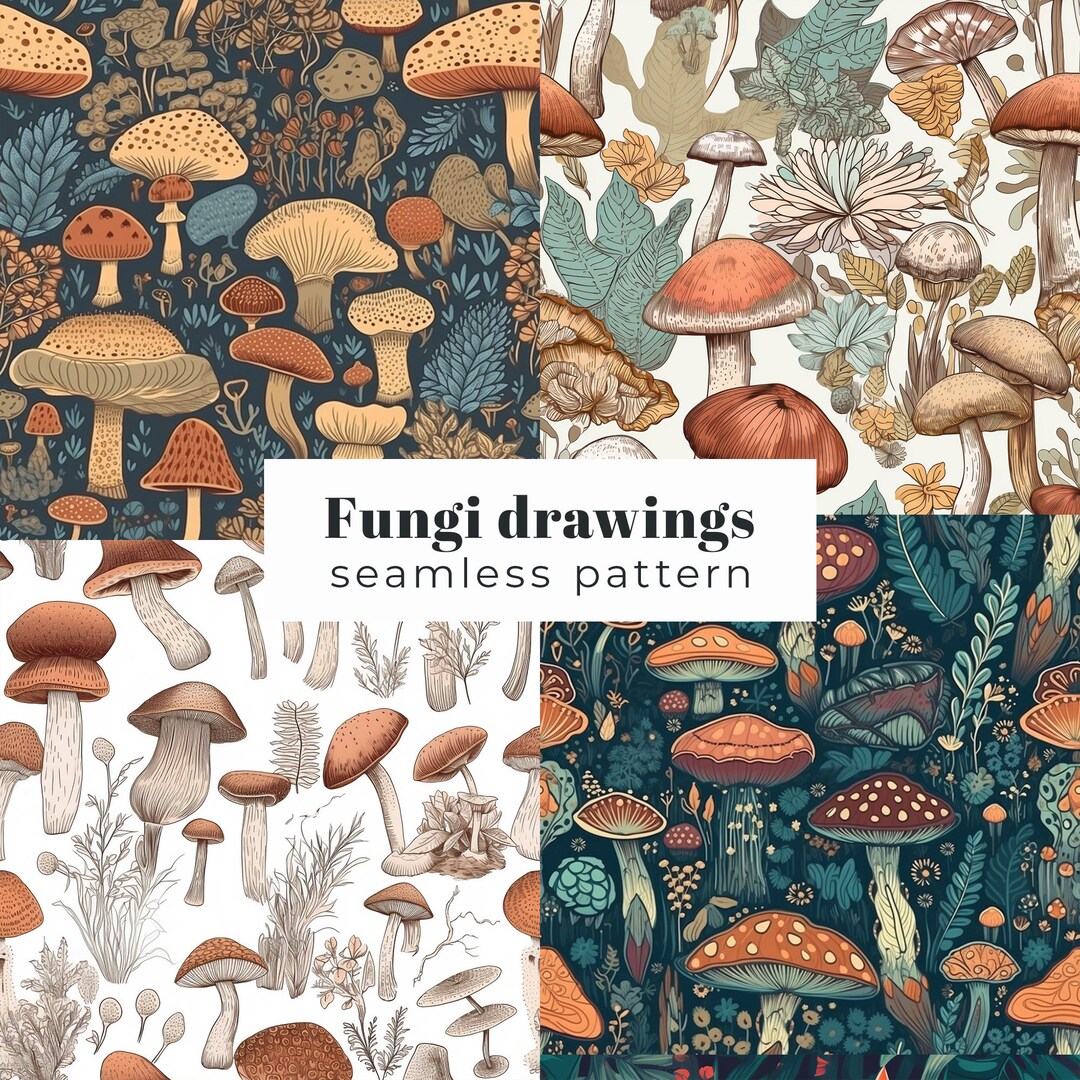 Seamless Fungi Boho Style Pattern, Boho Drawings, Fungi Drawings, Fungi ...