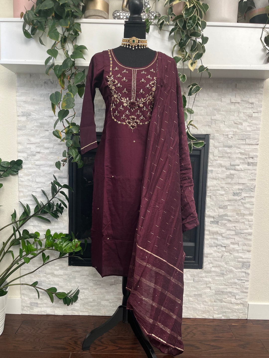 Silk 3 Piece Kurti Set With Embroidery at Yoke | Kurti Set | 3 Piece ...