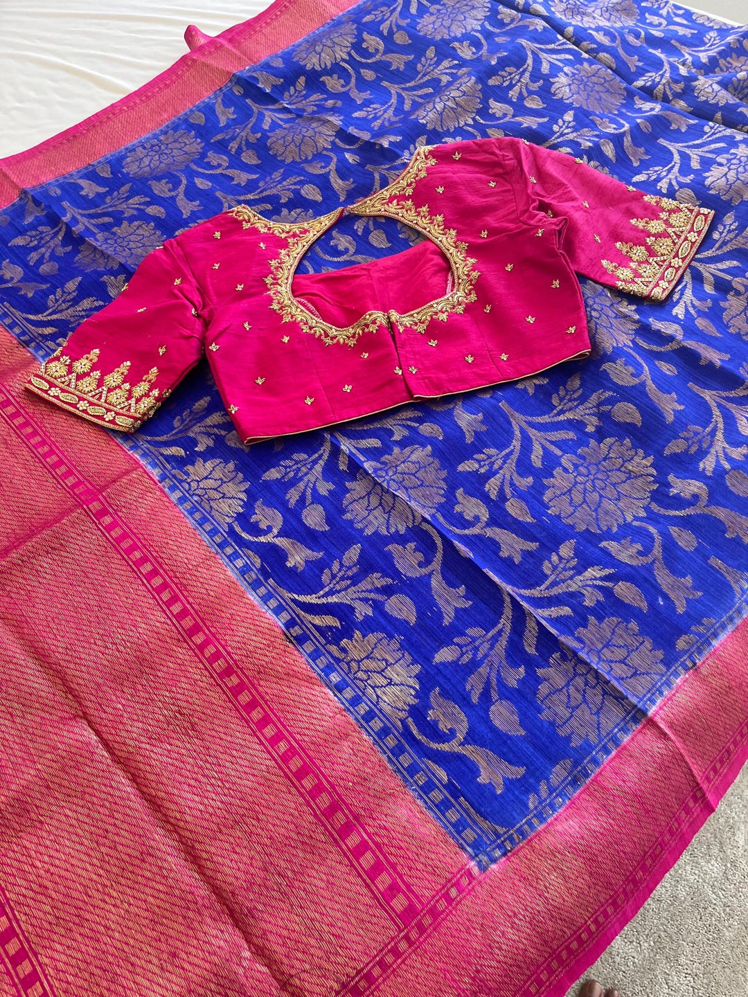 Jute Silk Zari Weave Saree With Raw Silk Maggam Work Blouse - Etsy