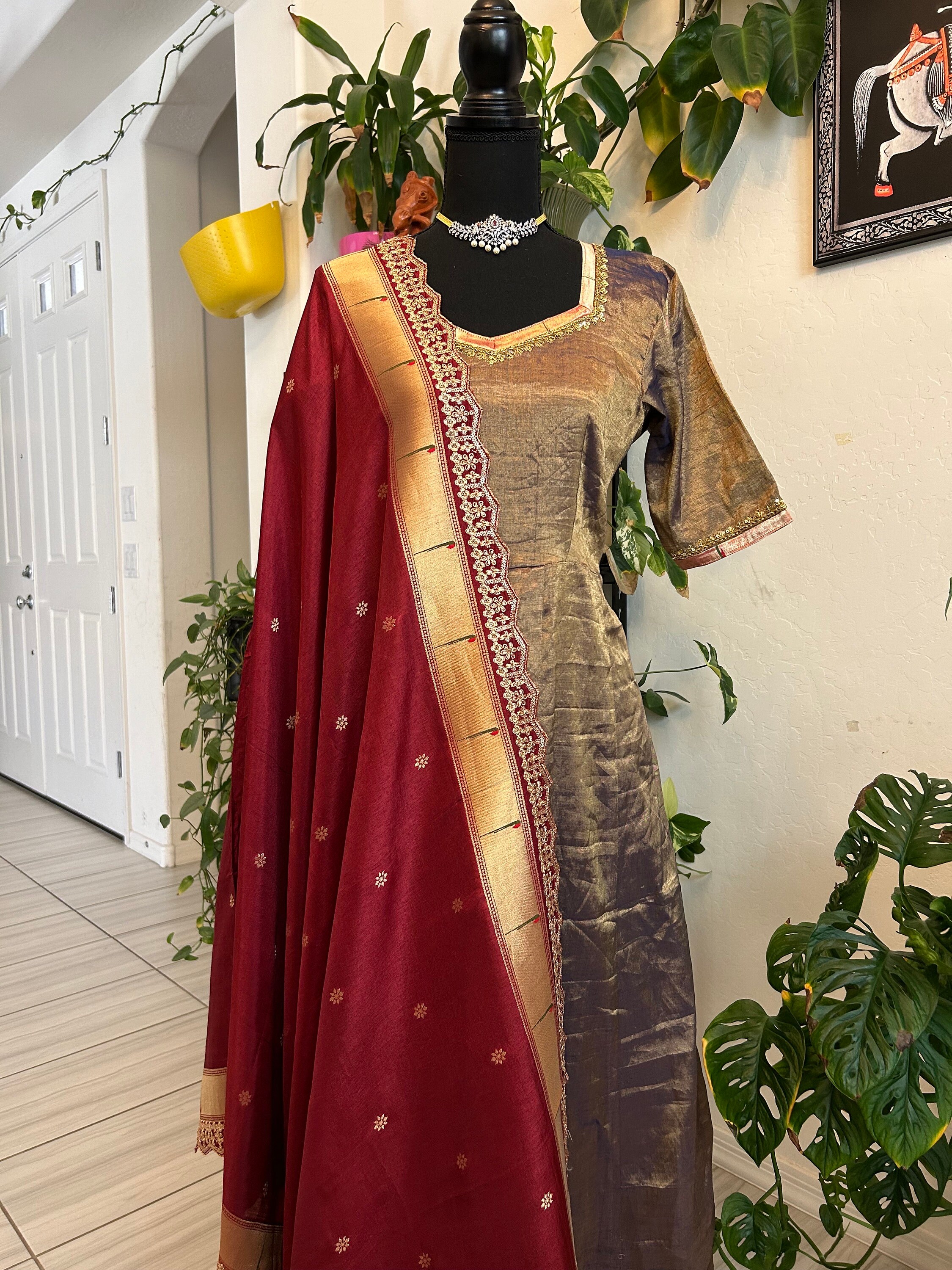 Pure Handloom Chanderi Tissue Long Frock, Handloom Single Munia Paithani Border for Neck and ...