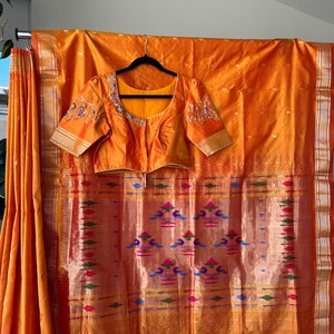 Pure Handloom Paithani Orange/saffron Color Saree|maggam Work Blouse - Etsy
