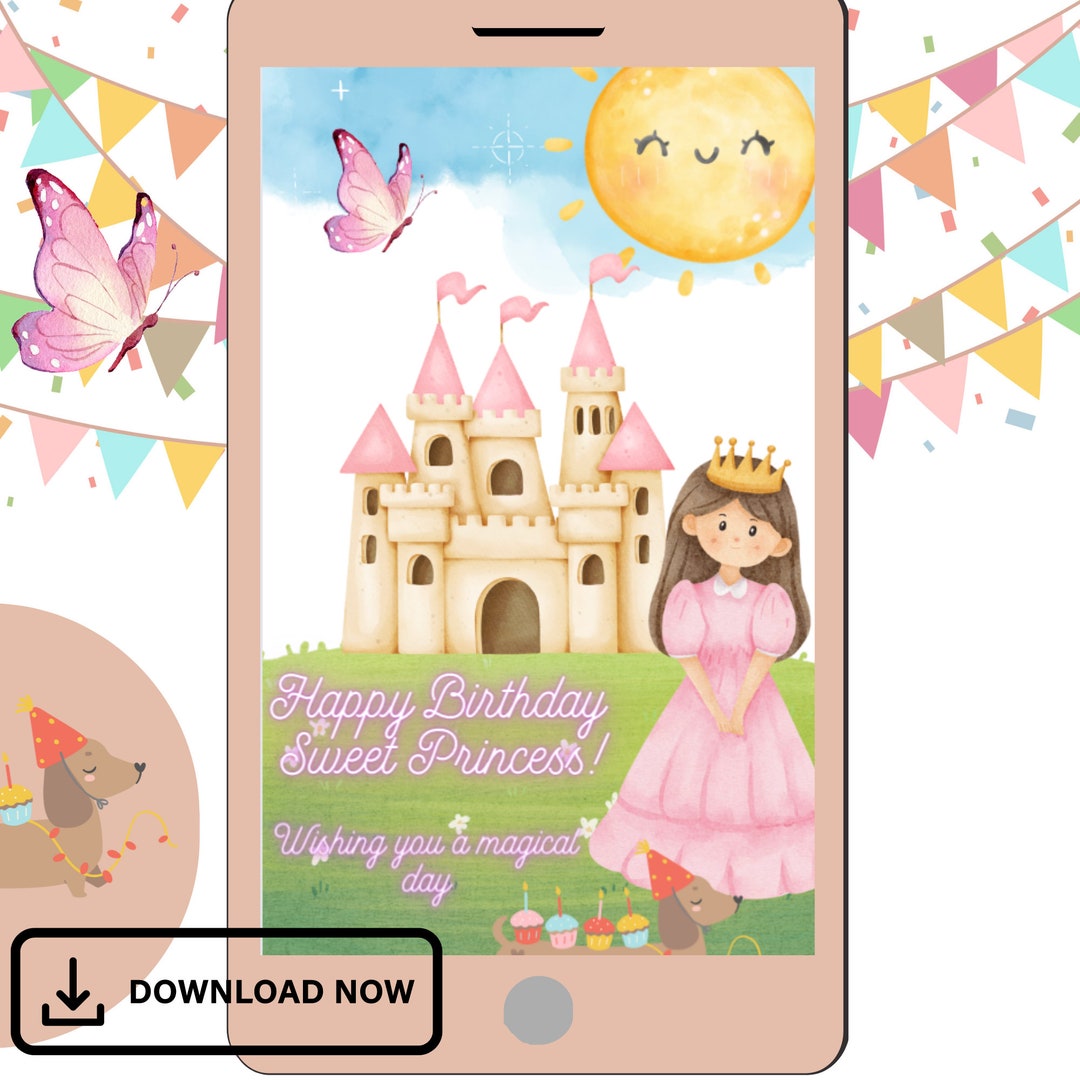 Happy Birthday Princess Ecard Video Mp4 for Kids, Girl Birthday Card Instant Download, Green ...