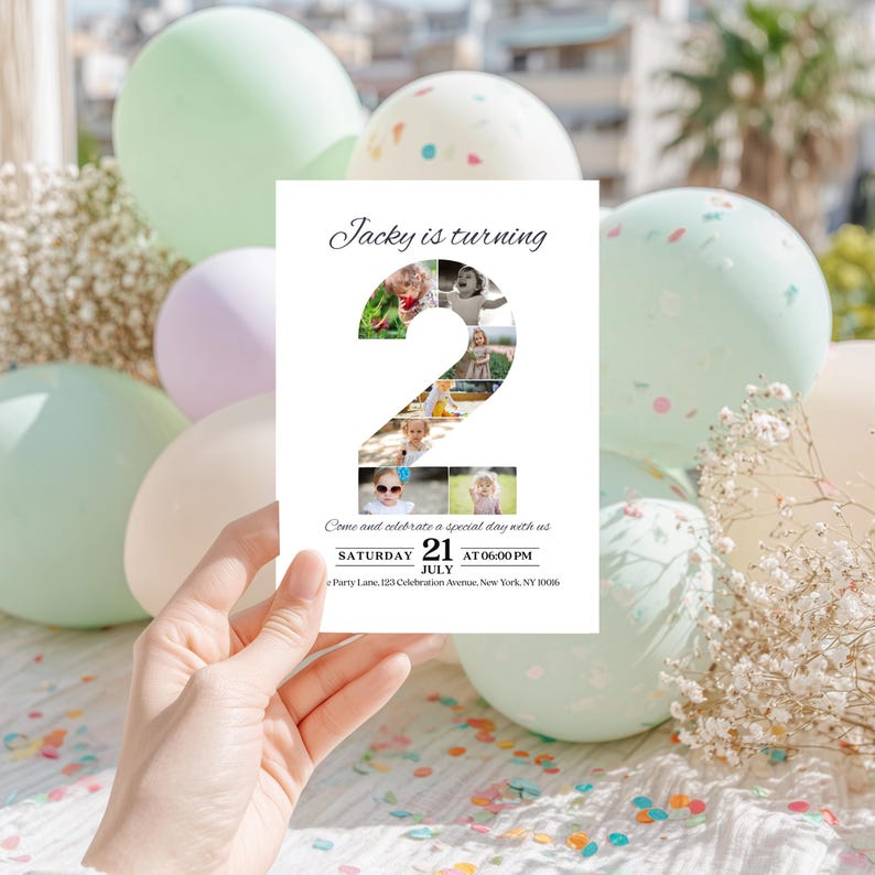 2nd Birthday Invitation Photo Collage | Editable Canva Template ...