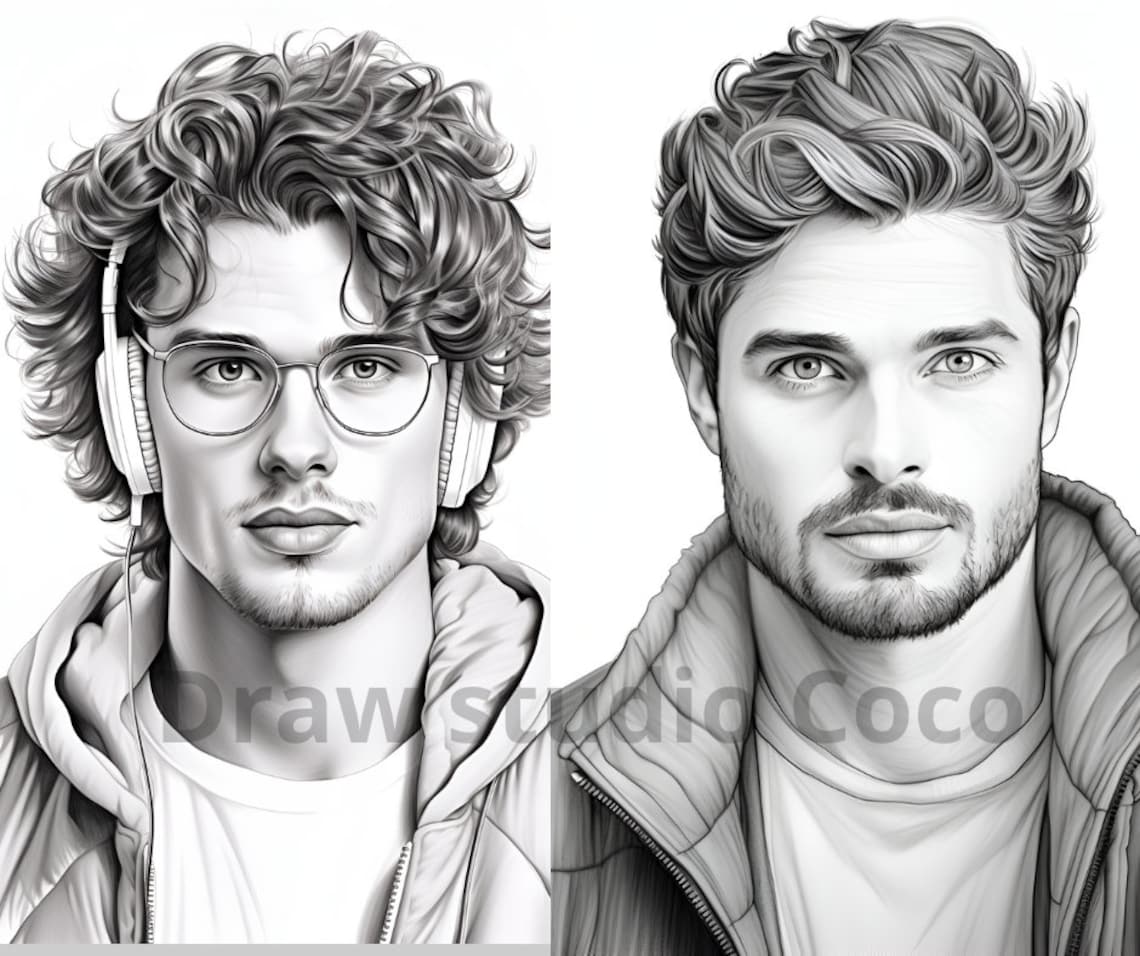 10 Handsome Man Coloring Pages, Realistic Greyscale Portraits, Adult ...