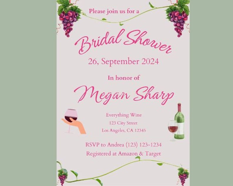 Modern Grape Vine Bridal Shower Invitation Template (editable Digital ...