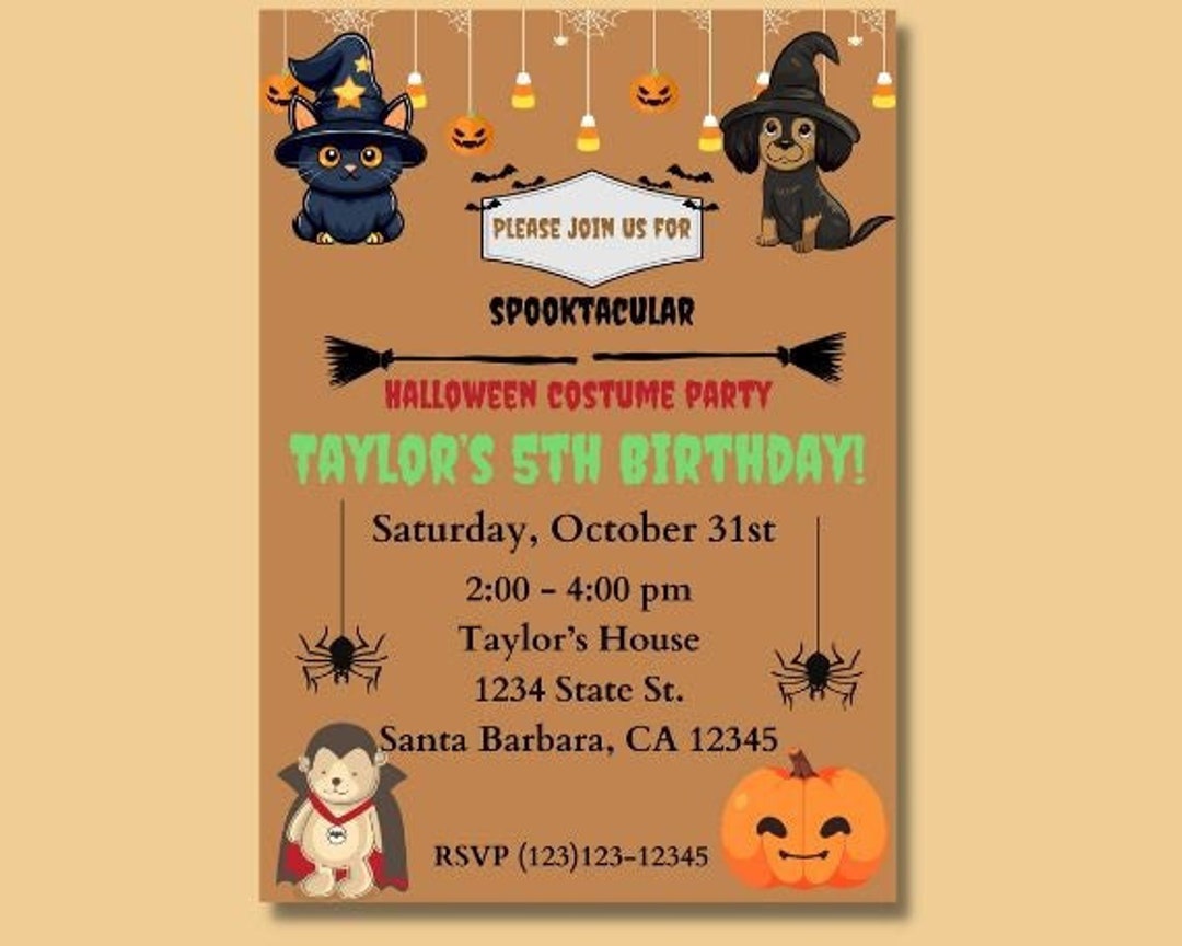 Halloween Kids Costume Birthday Party Invitation Template, Editable ...