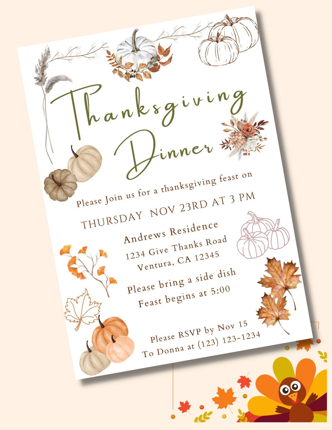 Thanksgiving Dinner Feast Editable Invitation, Thanksgiving Feast ...