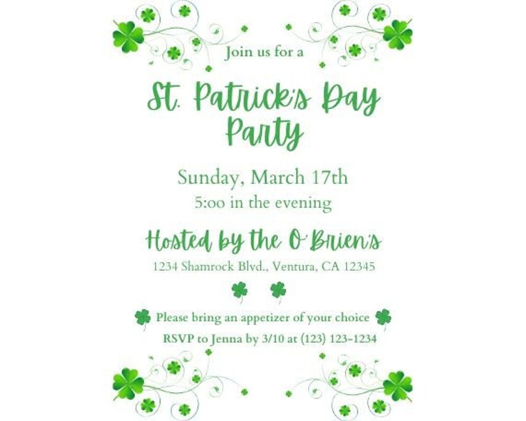 St. Patrick's Day Party Invitation Template, Editable St. Patrick's Day ...