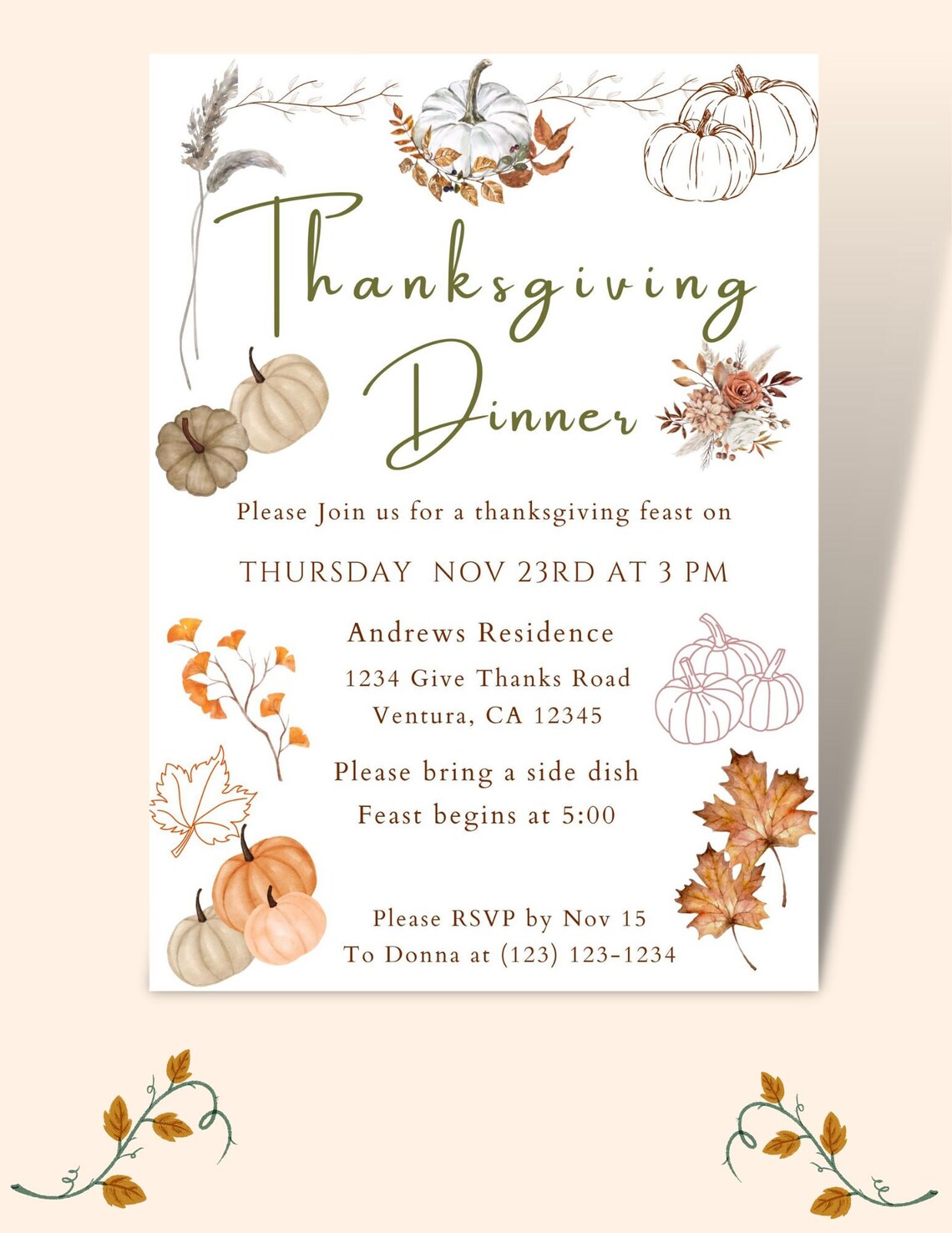 Thanksgiving Dinner Feast Editable Invitation, Thanksgiving Feast ...