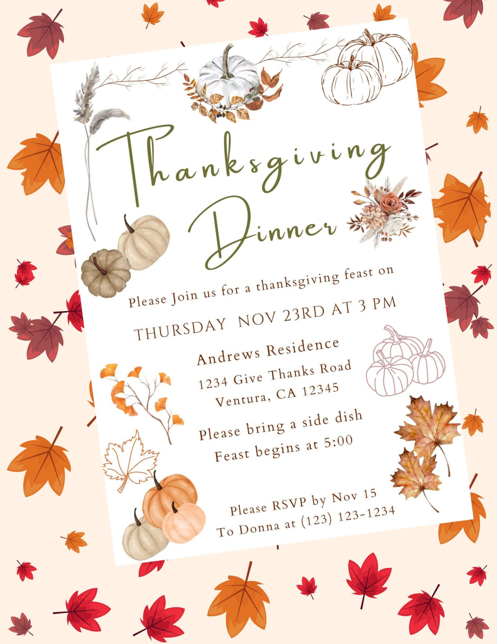 Thanksgiving Dinner Feast Editable Invitation, Thanksgiving Feast ...