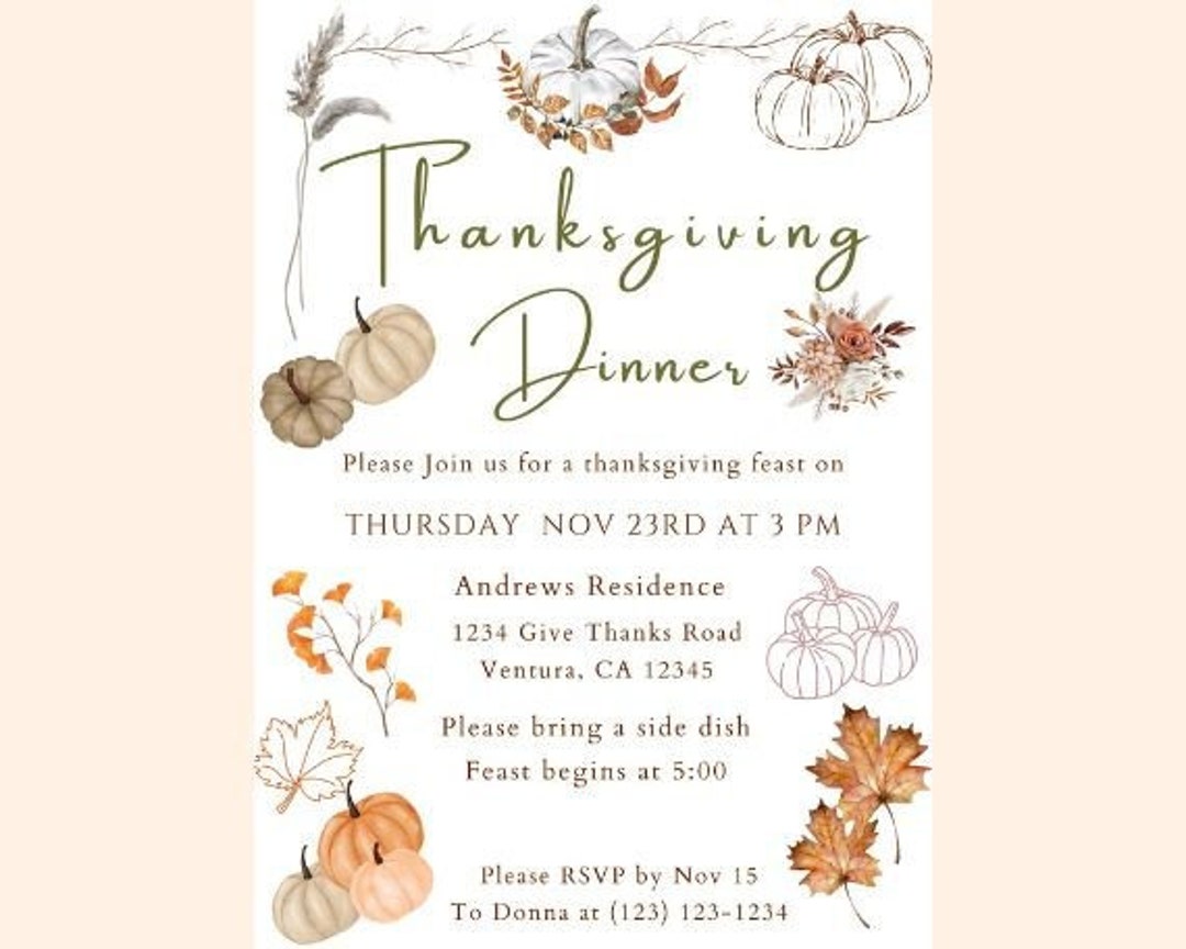 Thanksgiving Dinner Feast Editable Invitation, Thanksgiving Feast ...