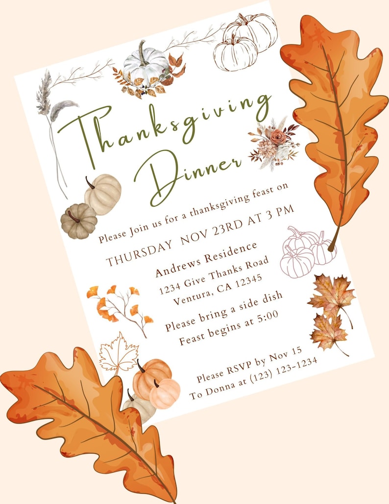 Thanksgiving Dinner Feast Editable Invitation, Thanksgiving Feast ...