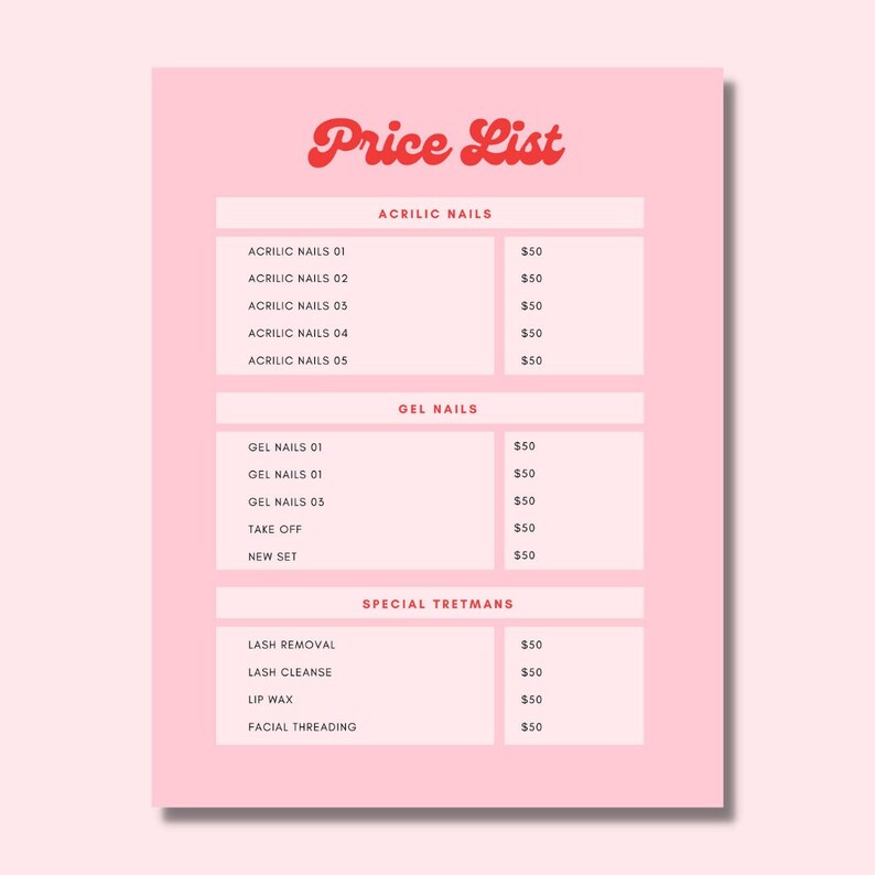 Nail Tech Price List, Editable Nail Artist Template, Beauty Card for ...