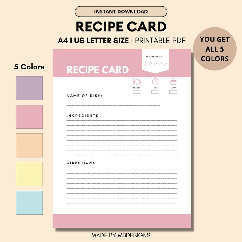 Recipe Card Template, Minimalistic Recipe Card, Printable Template ...