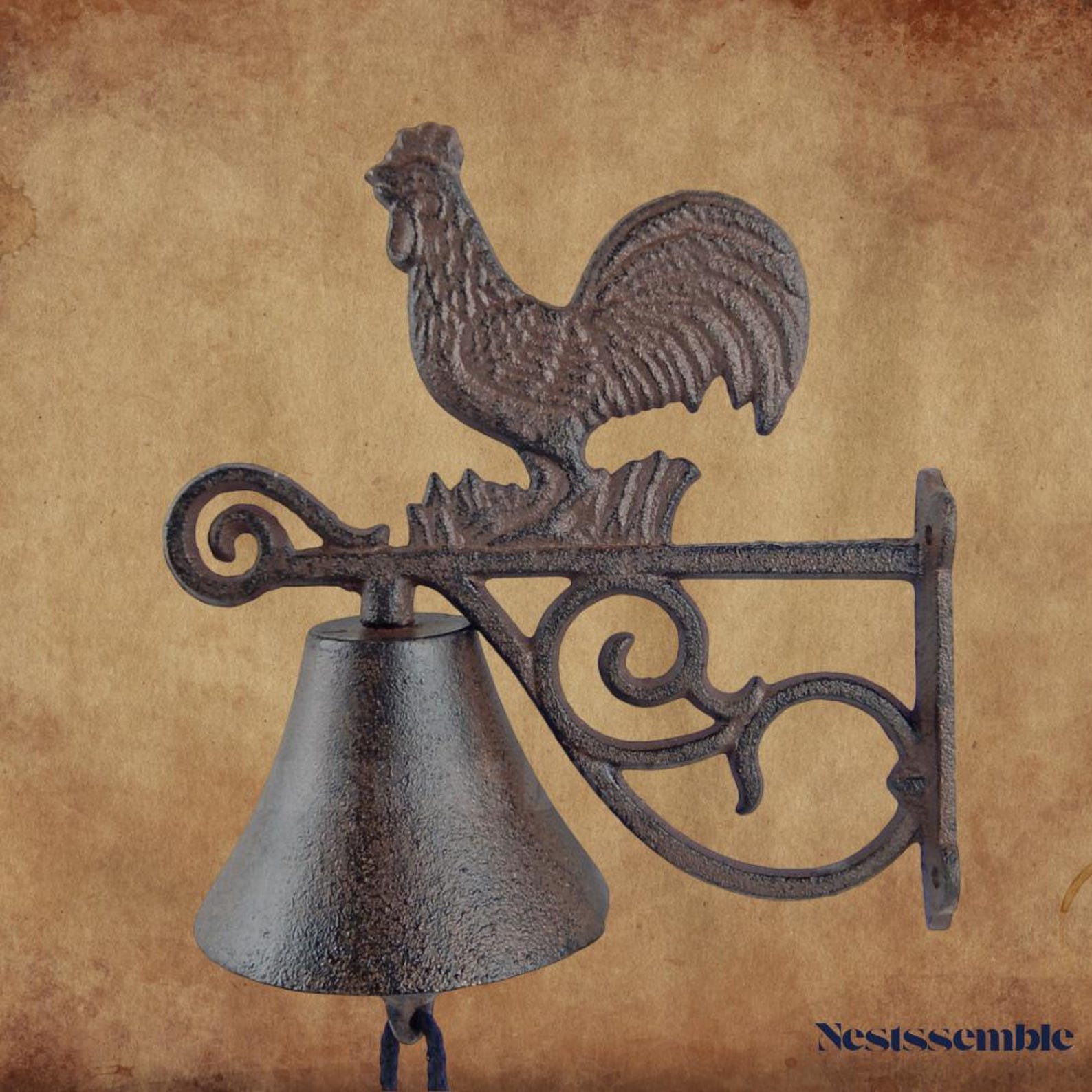 Rooster Scrolls Farm Dinner Bell Cast Iron Wall Mounted Rustic Country ...