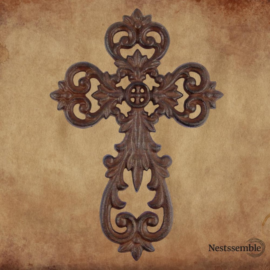 Fleur De Lis Wall Cross Cast Iron Floral Leaves Ornate Rustic Victorian ...