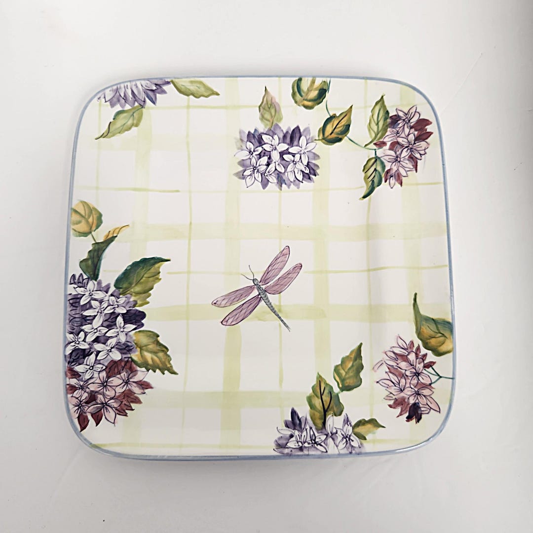 Vintage Zrike Hand Painted 8 1/4 Inch Square Hydrangea and Dragonfly ...