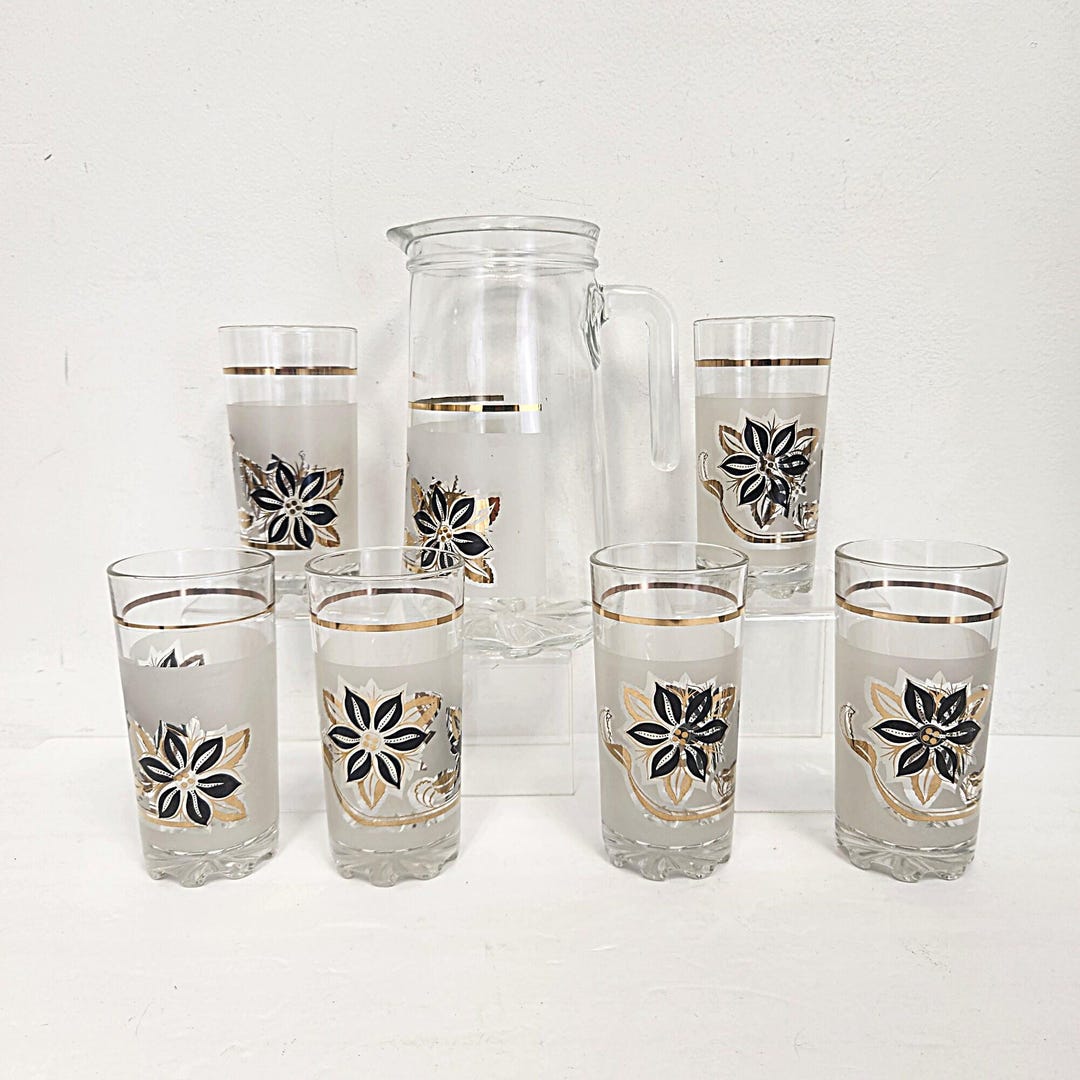 Vintage 1960's Mid Century Water Pitcher and 6 Matching Floral Glasses ...