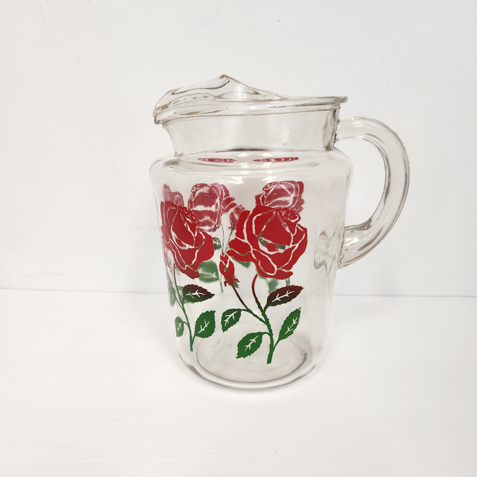 Vintage 1950's 60's Water Pitcher and 5 Drinking Glasses Red Rose ...