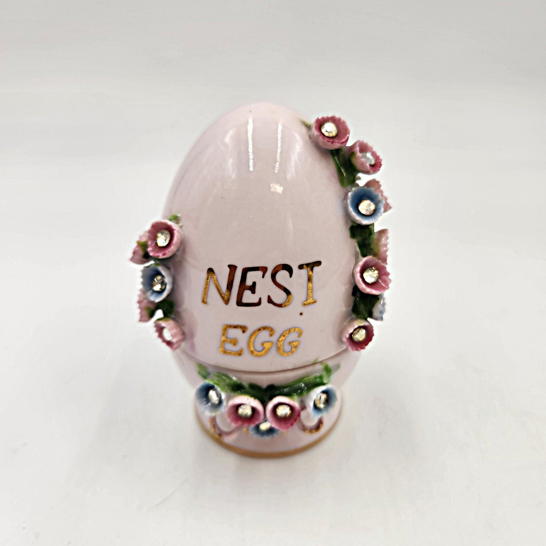 Vintage 1970's Pink Flowers With Rhinestones Lefton Egg Shaped Bank ...