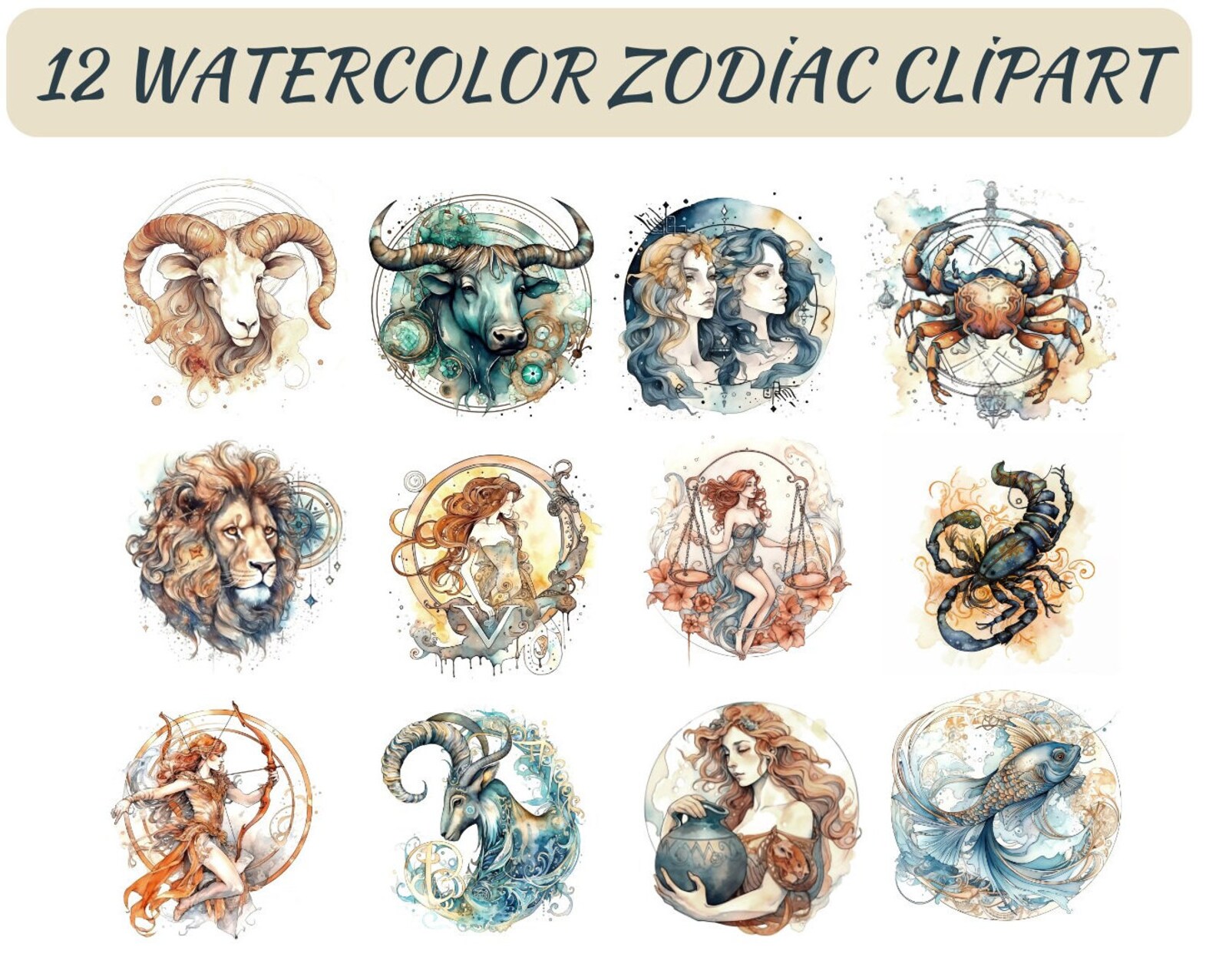 Zodiac Signs Watercolor Clipart Bundle of 12 Transparent Background ...