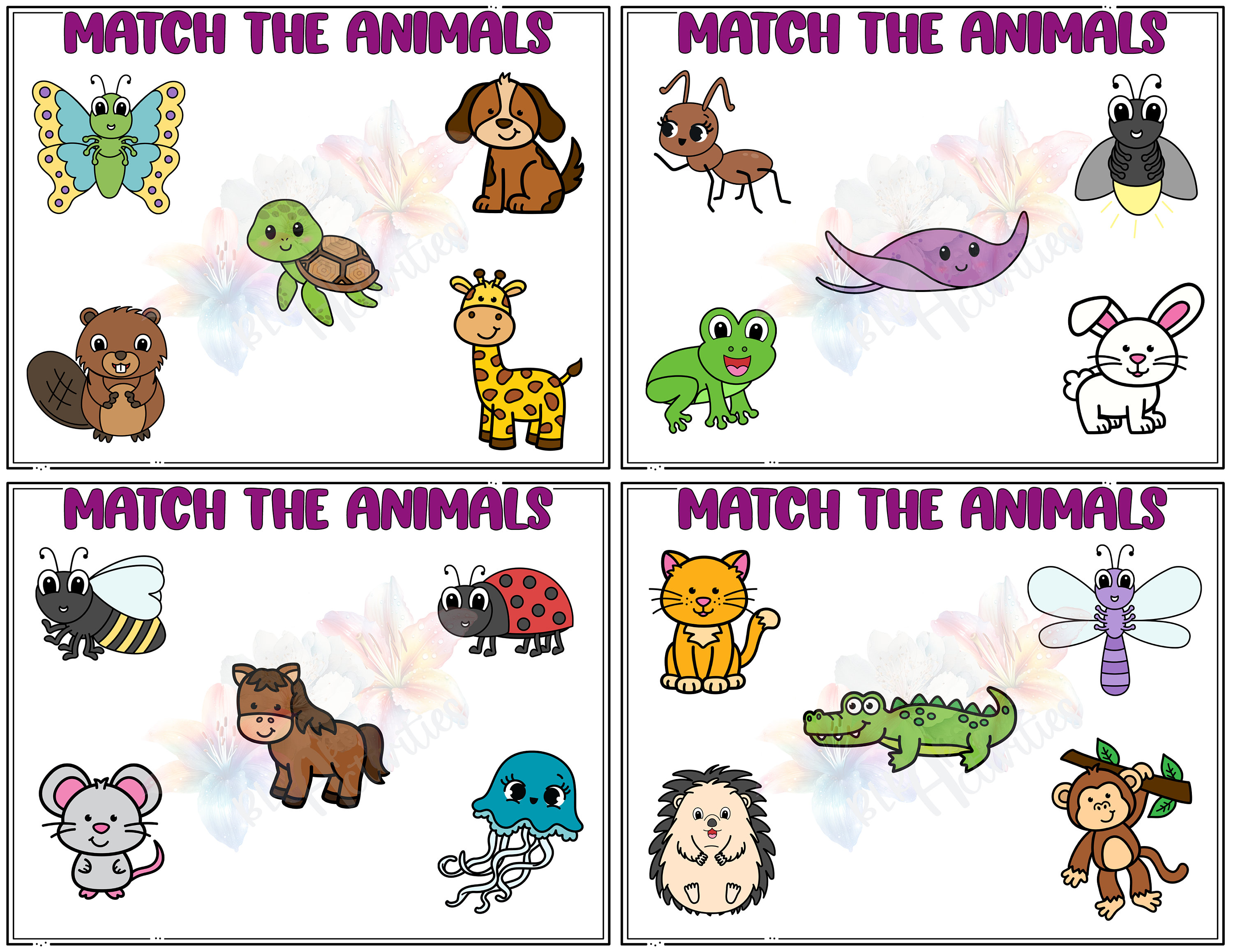 Match the Animals (mixed) Activity Mats Bundle - Zoo/farm/ocean/insects ...